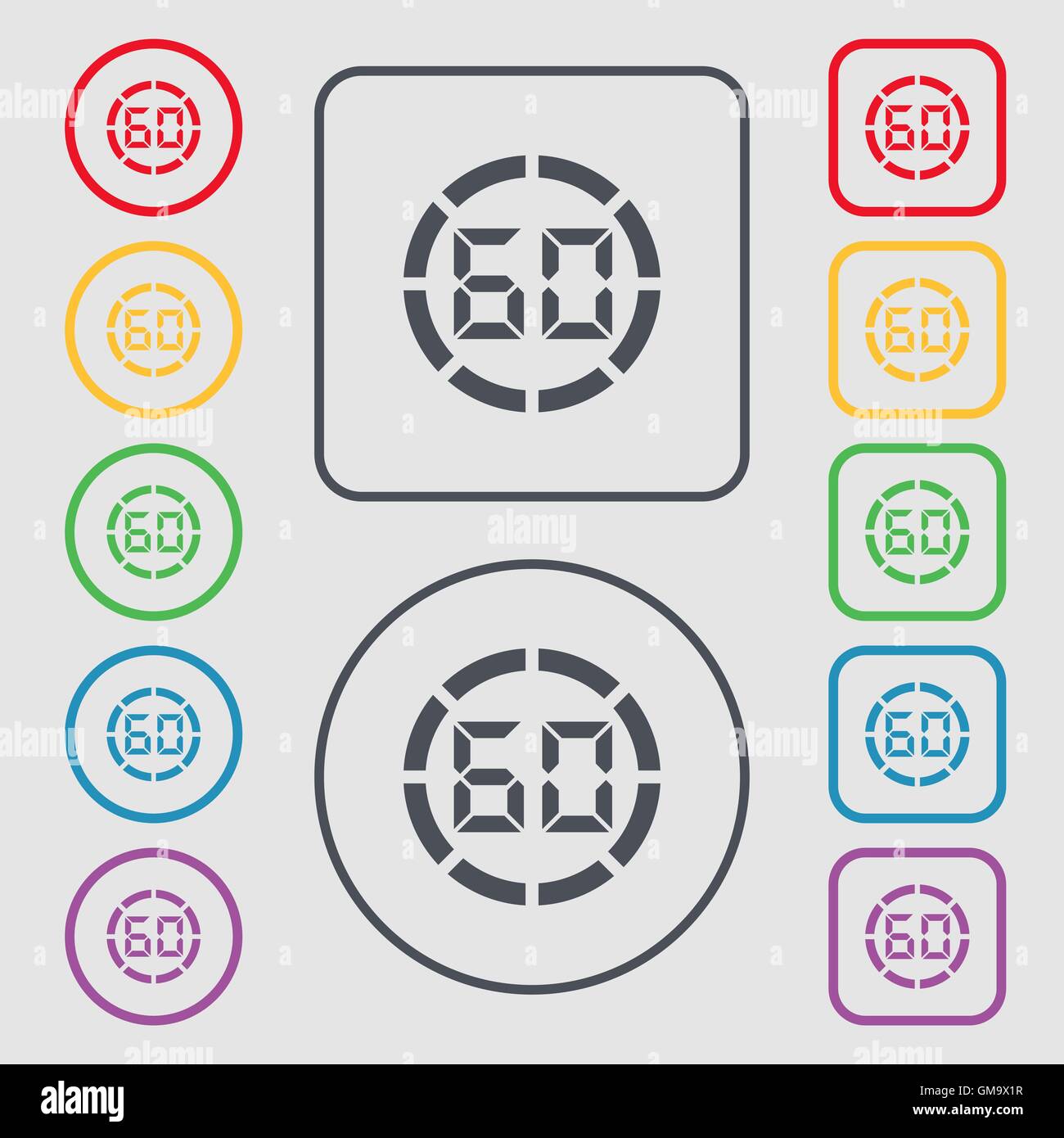 60 second stopwatch icon sign. Symbols on the Round and square buttons ...