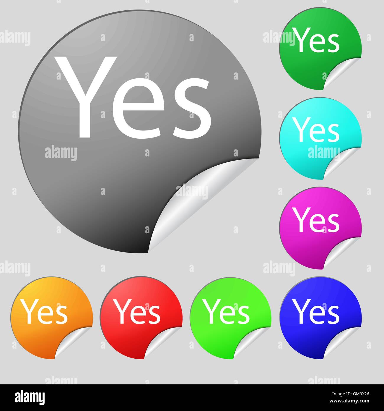 Yes sign icon. Positive check symbol. Set of eight multi colored round ...