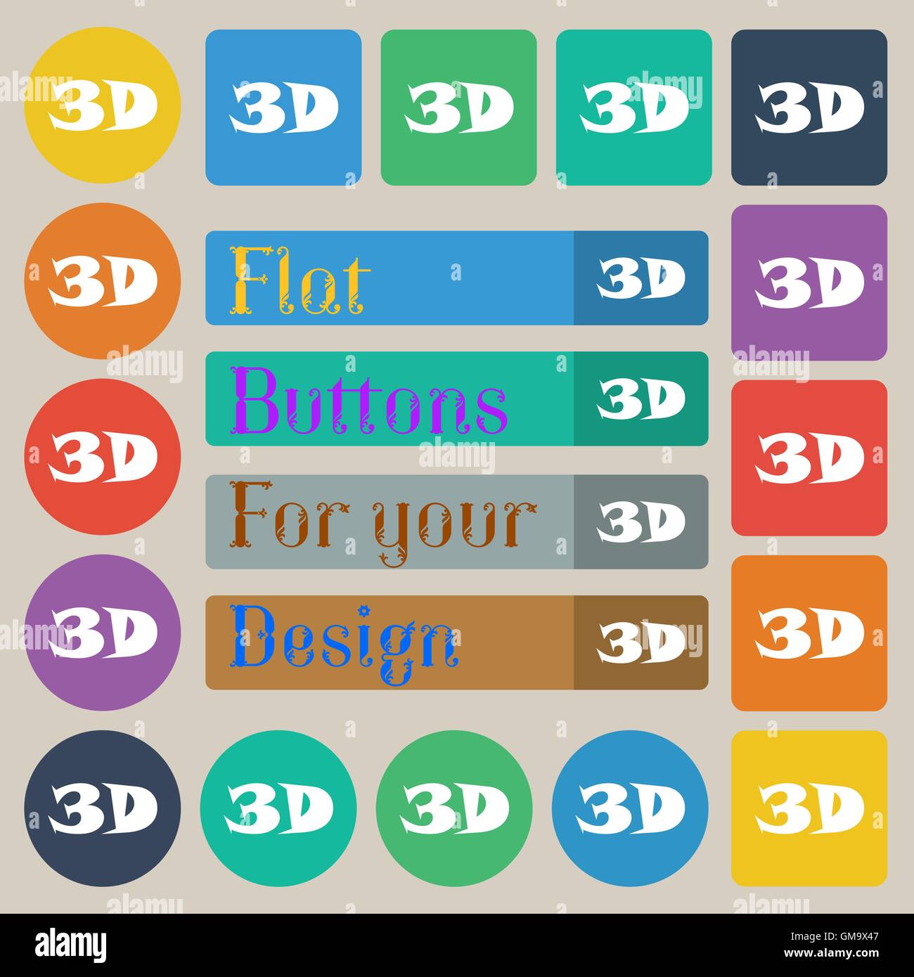3D sign icon. 3D-New technology symbol. Set of twenty colored flat ...