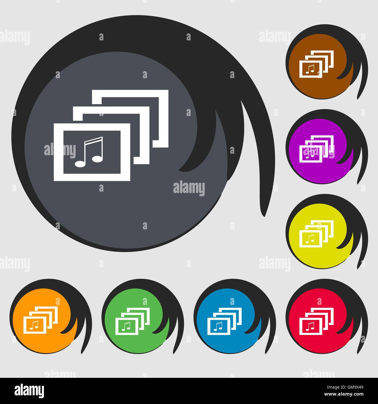 Mp3 music format sign icon. Musical symbol. Symbols on eight colored ...