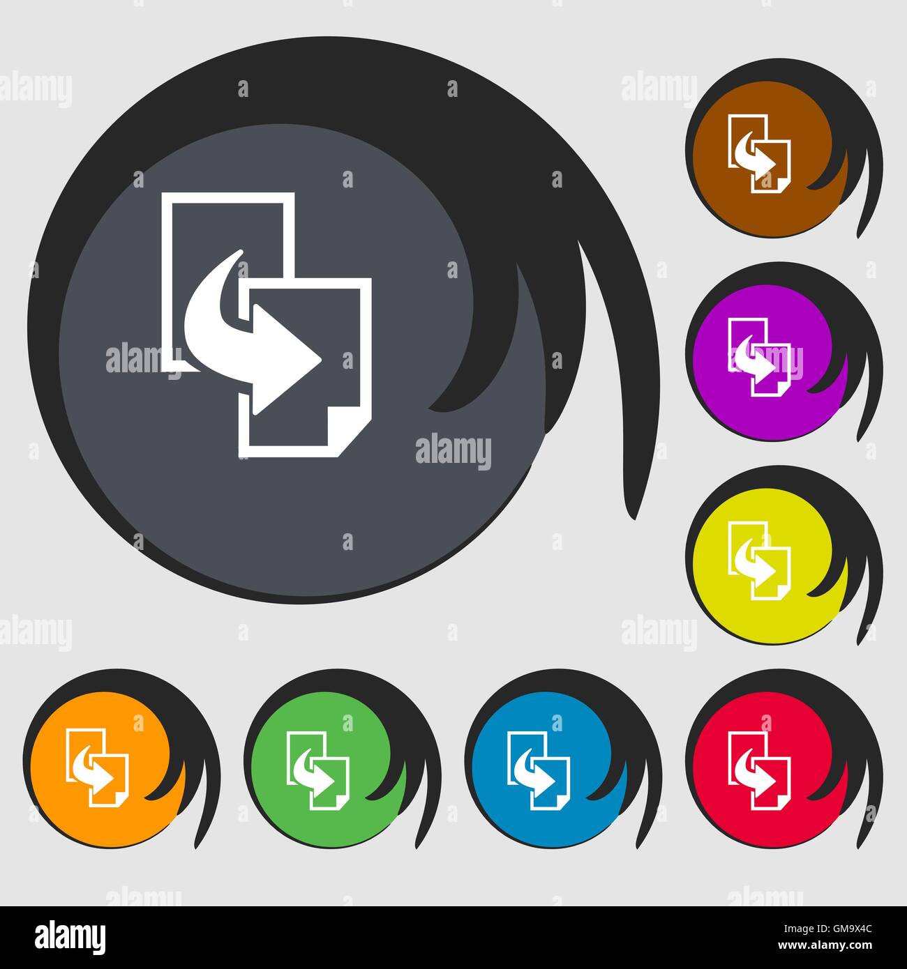 Copy file sign icon. Duplicate document symbol. Symbols on eight colored buttons. Vector Stock ...
