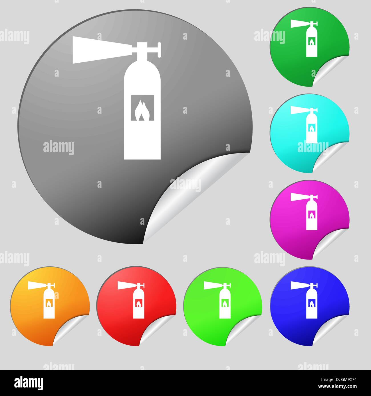 fire extinguisher icon sign. Set of eight multi colored round buttons ...