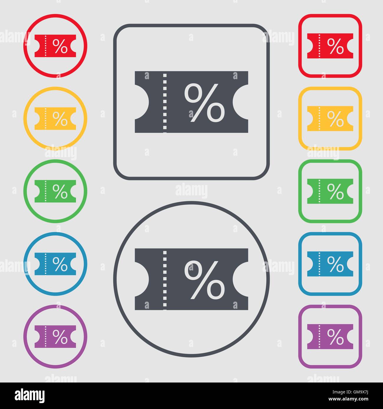 ticket discount icon sign. Symbols on the Round and square buttons with ...