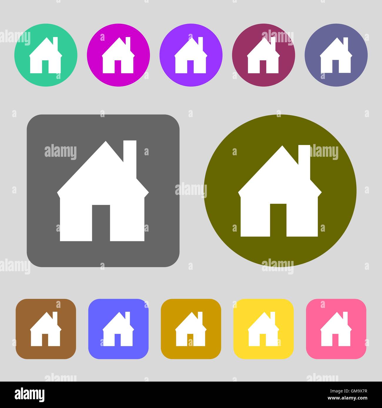Home sign icon. Main page button. Navigation symbol. 12 colored buttons ...