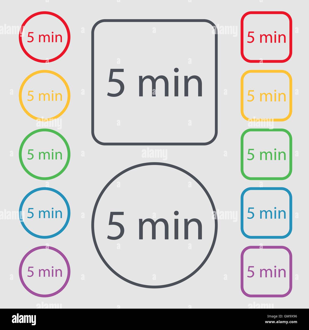 Five minutes sign icon. Symbols on the Round and square buttons with ...