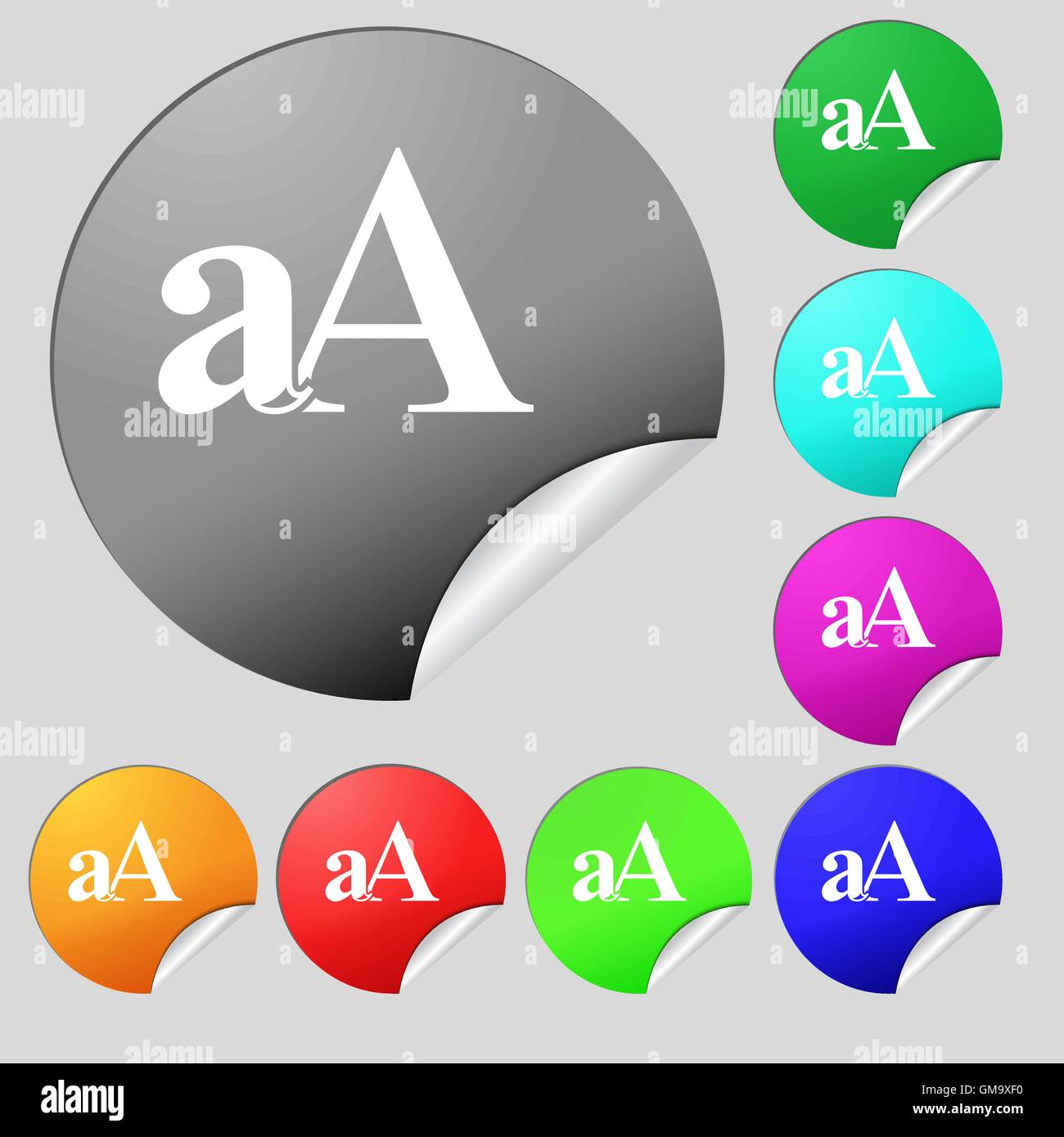 Enlarge font, aA icon sign. Set of eight multi colored round buttons ...