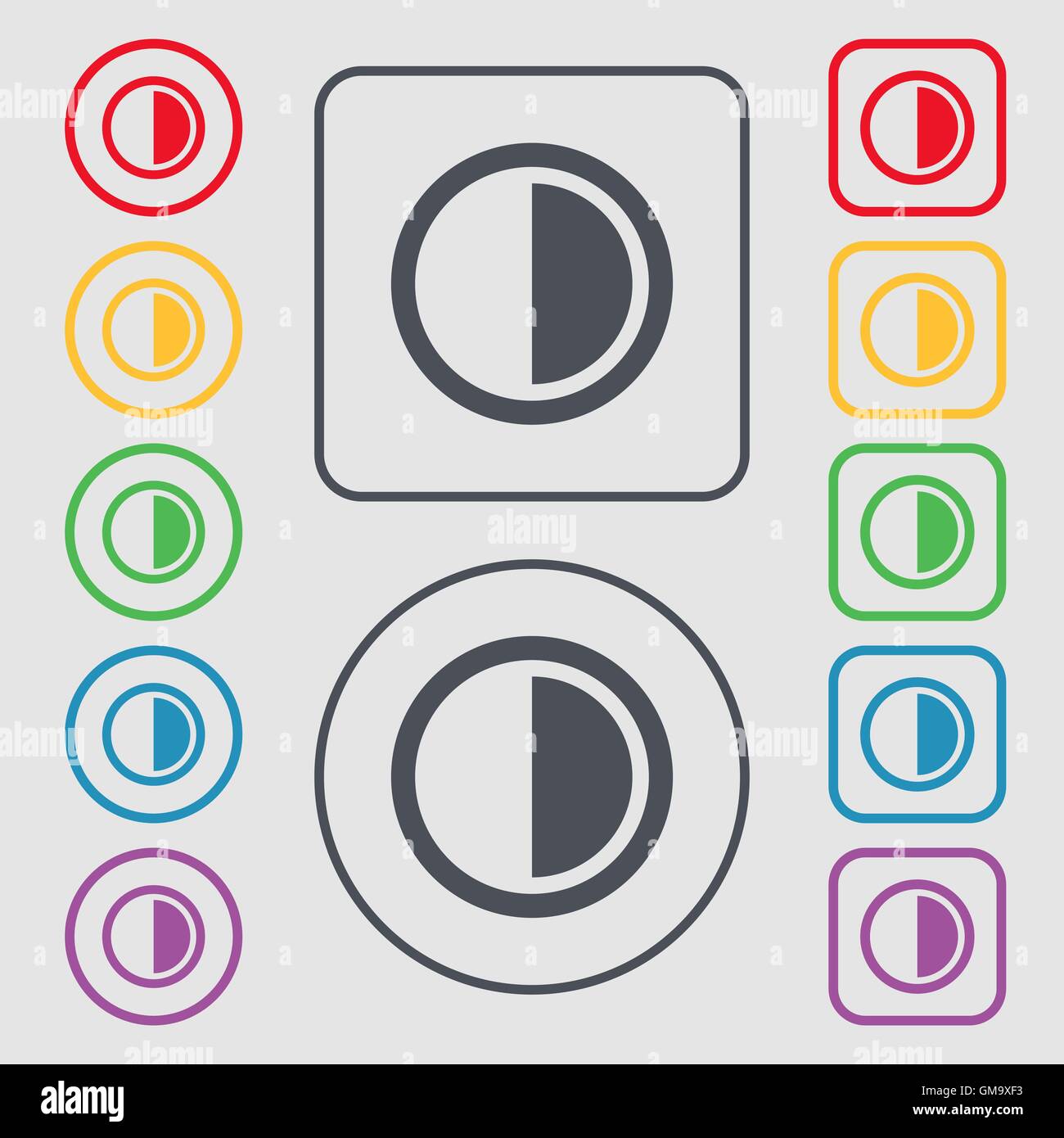 contrast icon sign. Symbols on the Round and square buttons with frame ...