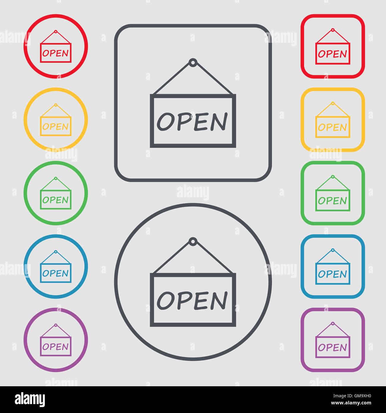 open icon sign. Symbols on the Round and square buttons with frame ...