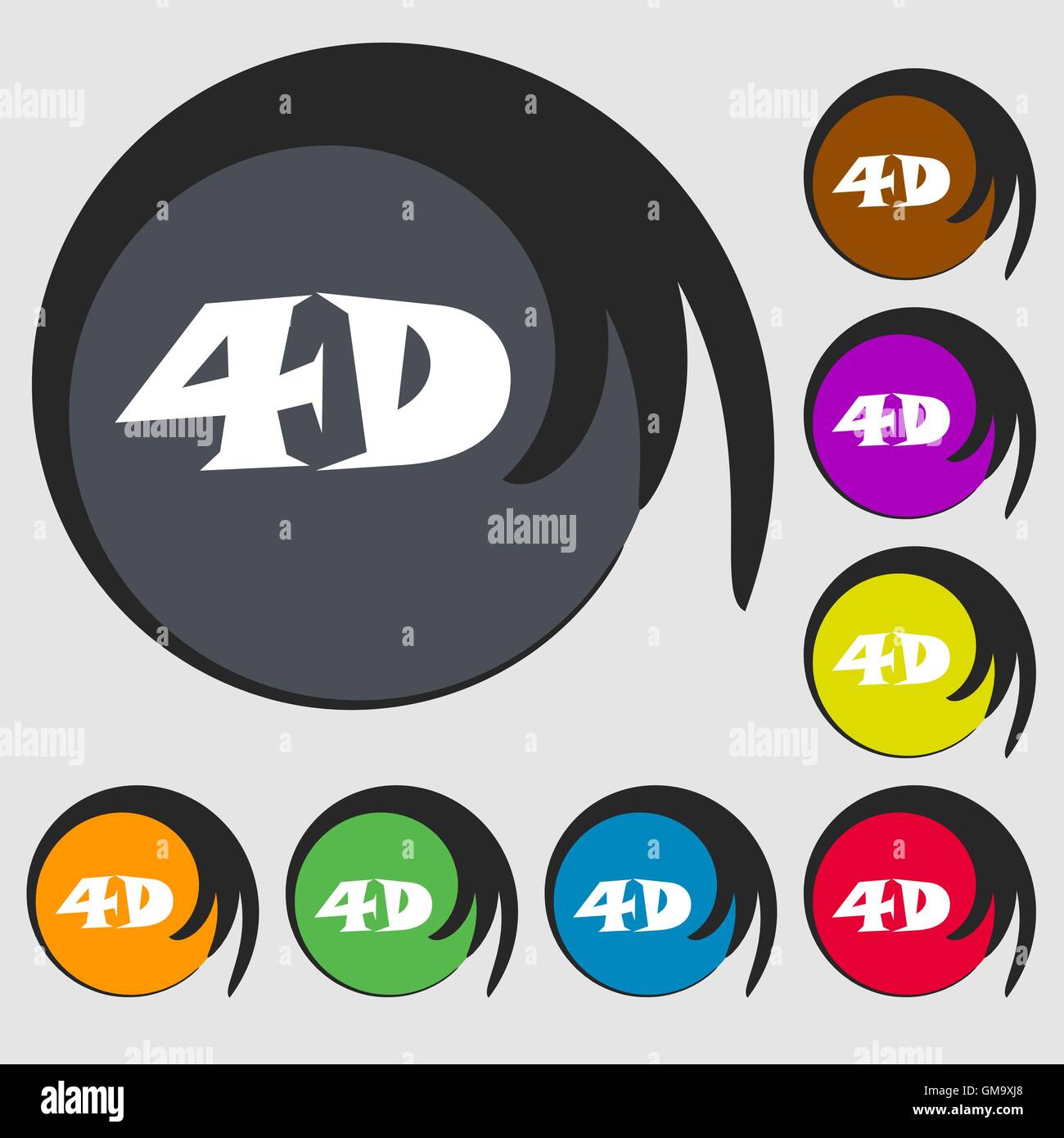 4D sign icon. 4D-New technology symbol. Symbols on eight colored ...