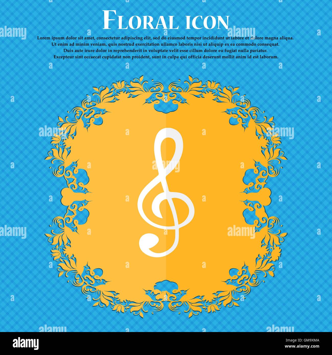 treble clef icon. Floral flat design on a blue abstract background with ...
