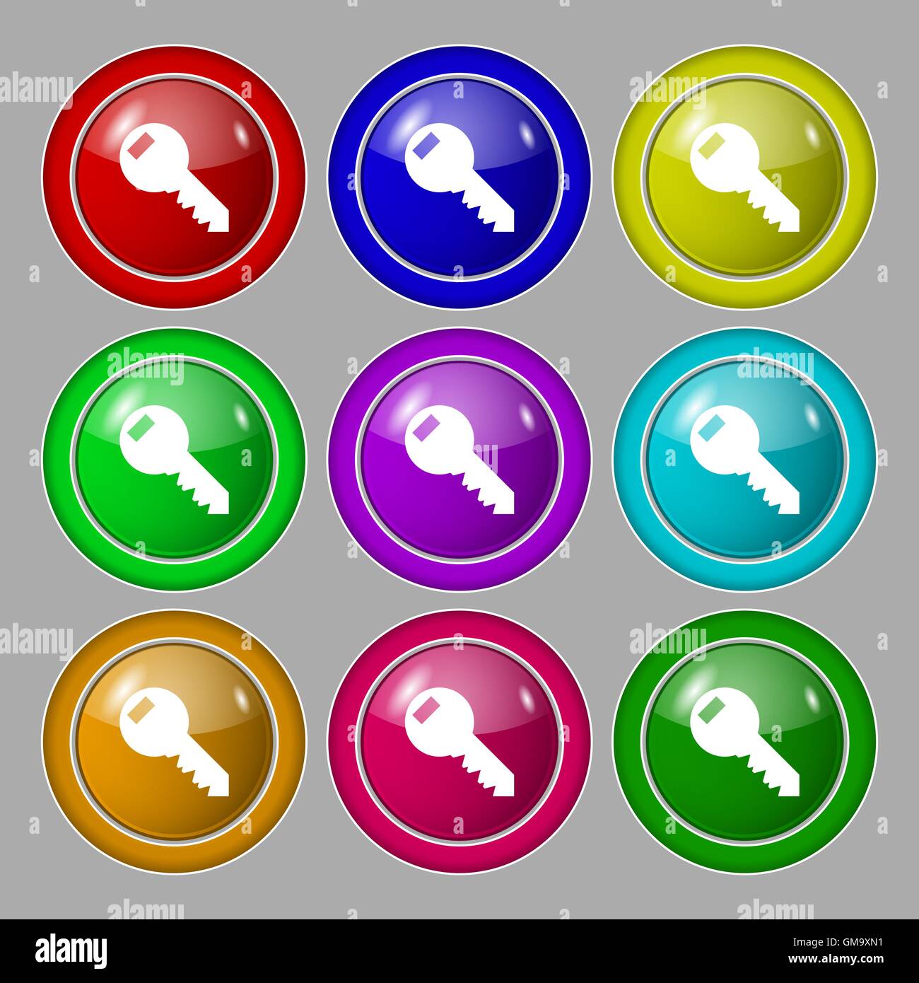 Key sign icon. Unlock tool symbol.. Symbol on nine round colourful ...
