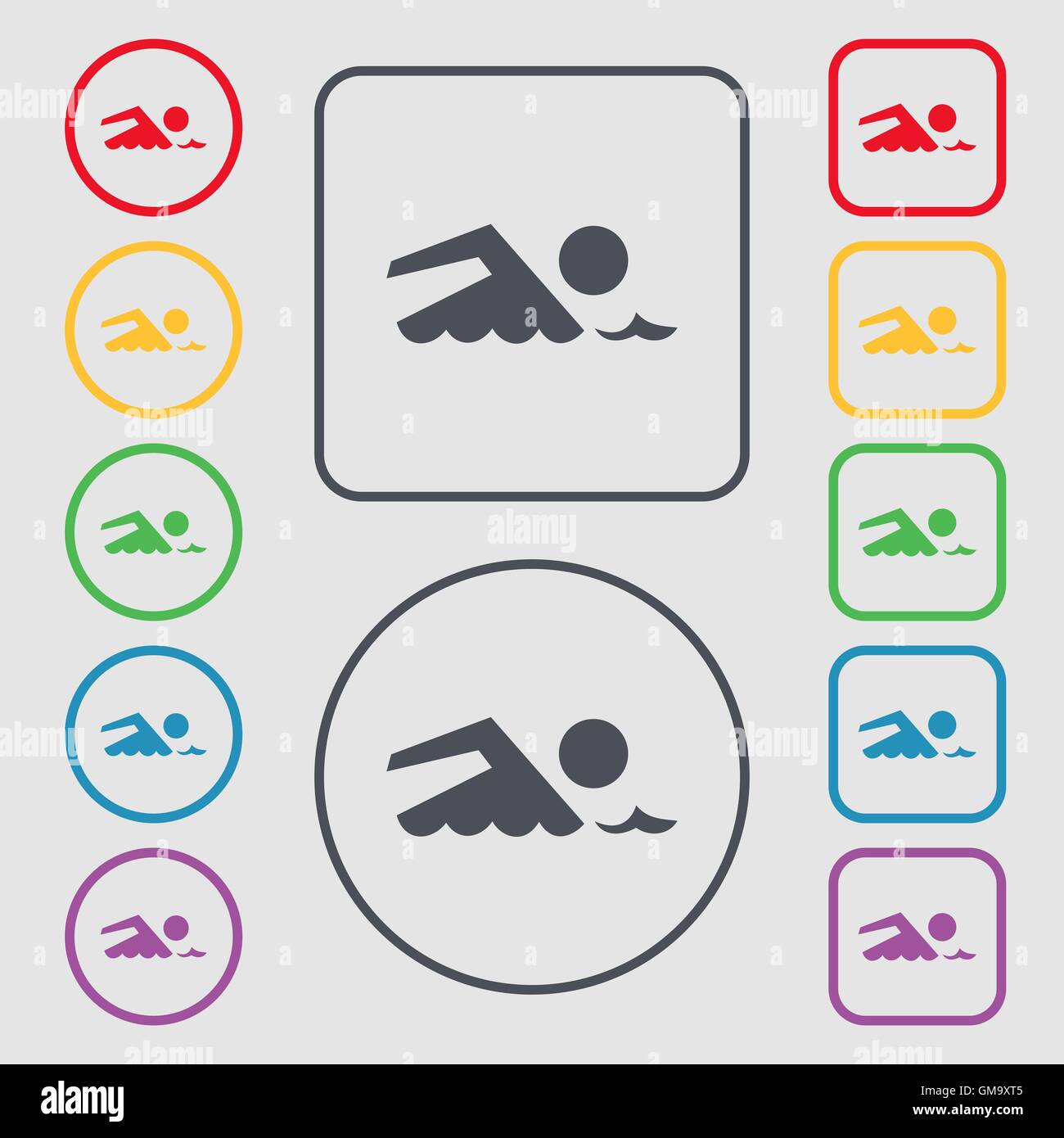 Swimming sign icon. Pool swim symbol. Sea wave. Symbols on the Round ...