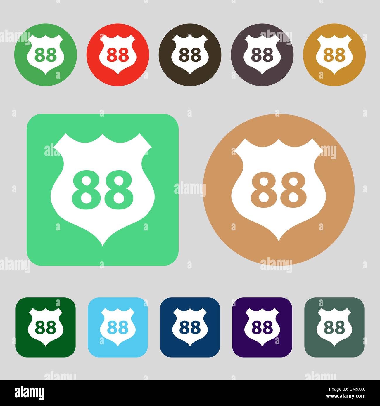 Route 88 highway icon sign. 12 colored buttons. Flat design. Vector ...