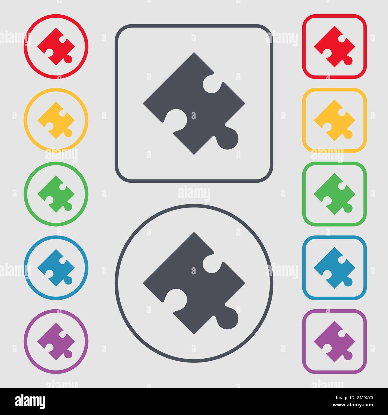 Puzzle piece icon sign. Symbols on the Round and square buttons with ...