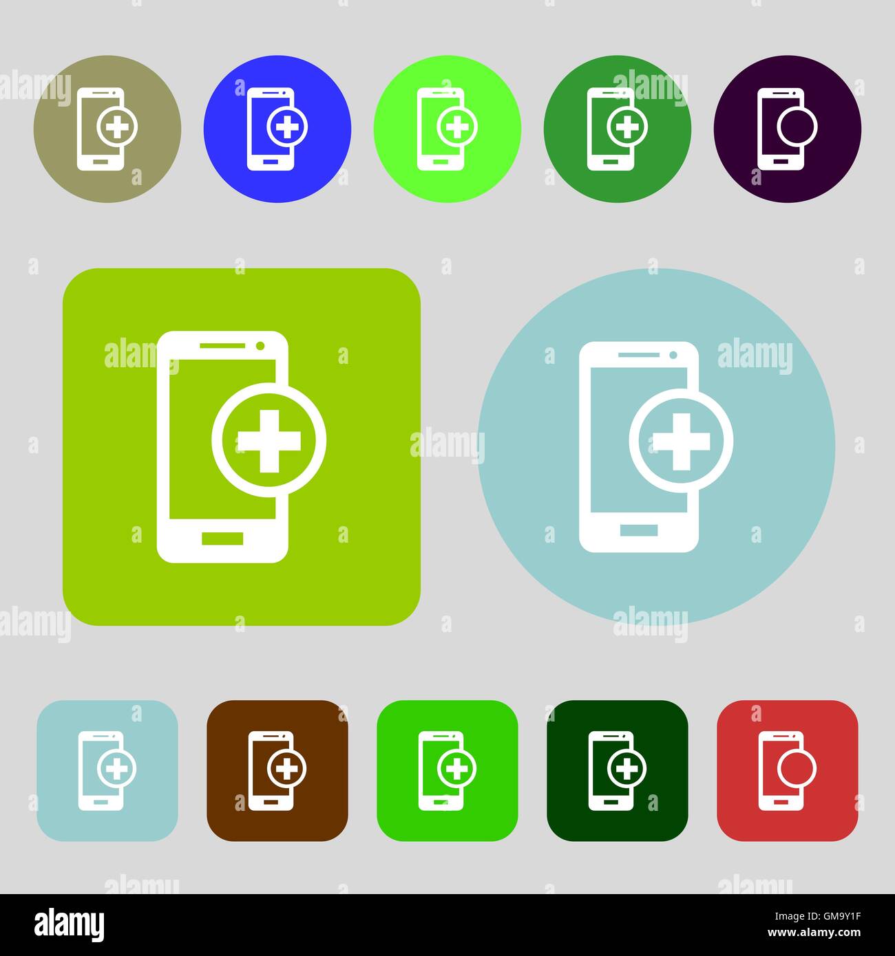 Mobile devices sign icon. with symbol plus. 12 colored buttons. Flat ...