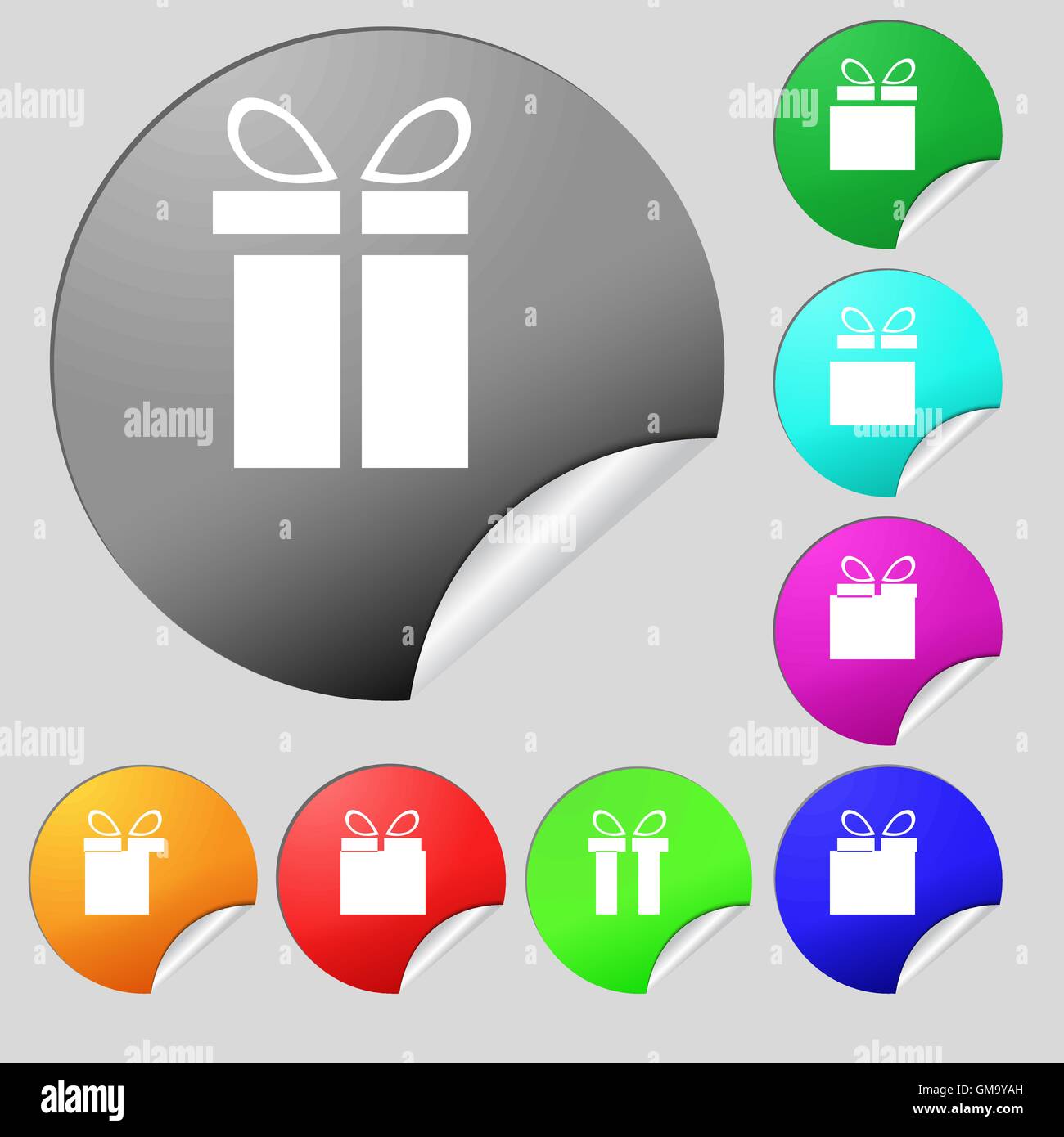 Gift box sign icon. Present symbol. Set of eight multi colored round ...