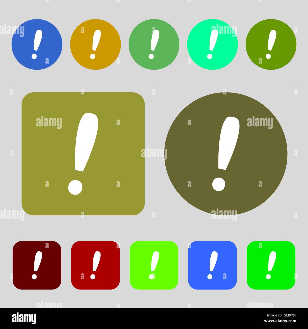 Exclamation mark sign icon. Attention speech bubble symbol. 12 colored ...