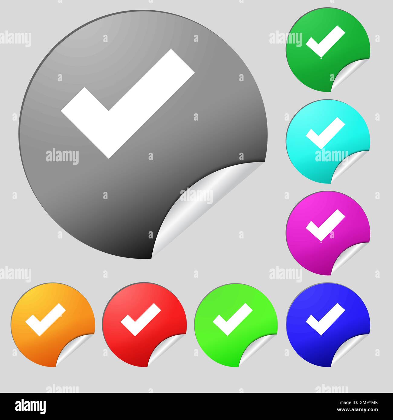 Check mark sign icon . Confirm approved symbol. Set of eight multi ...