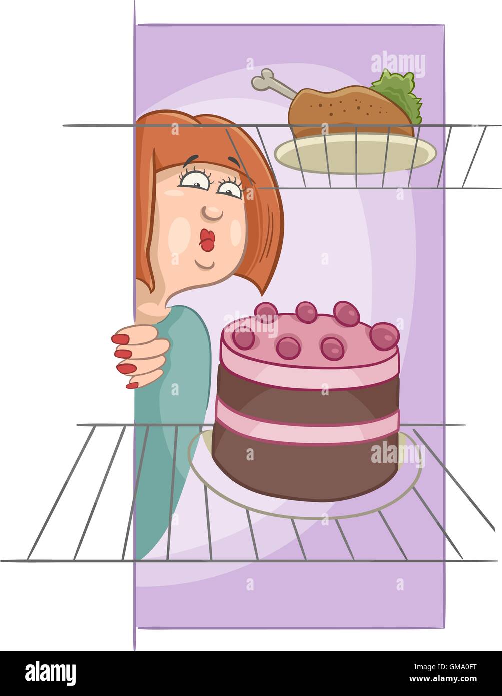 Cartoon Humorous Illustration of Gourmand Woman on Diet Looking into ...