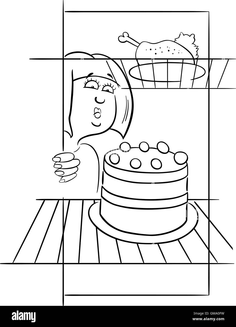 Black and White Cartoon Humorous Illustration of Gourmand Woman on Diet ...