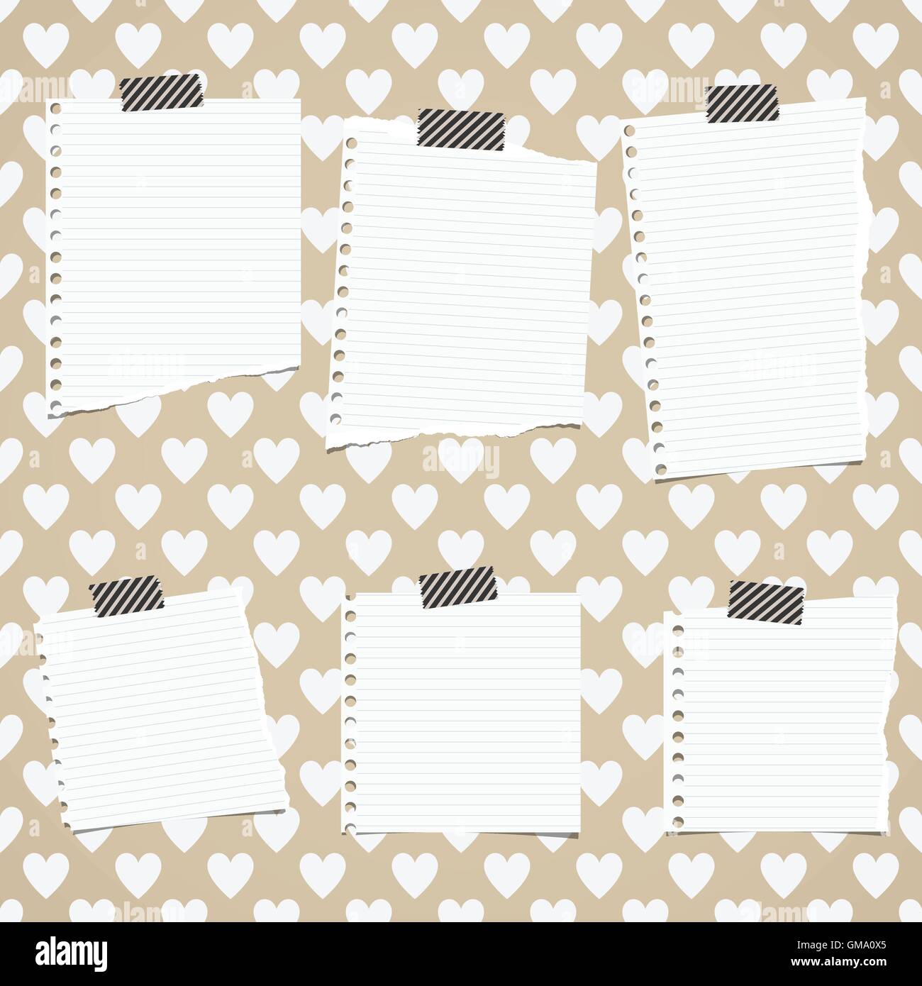 White ripped ruled notebook paper sheets are stuck on pattern of hearts ...