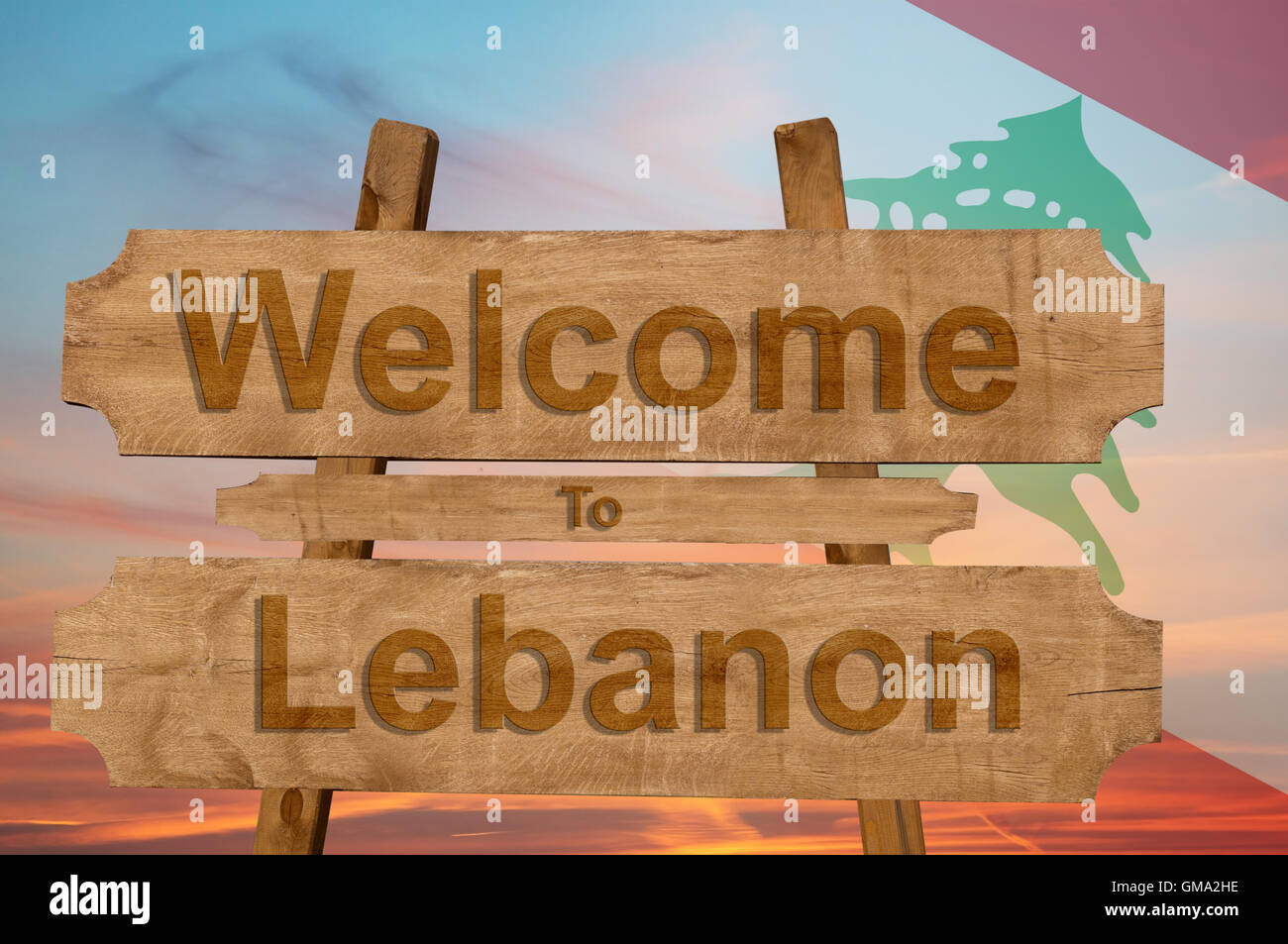 Welcome to Lebanon sign on wood background with blending national flag ...