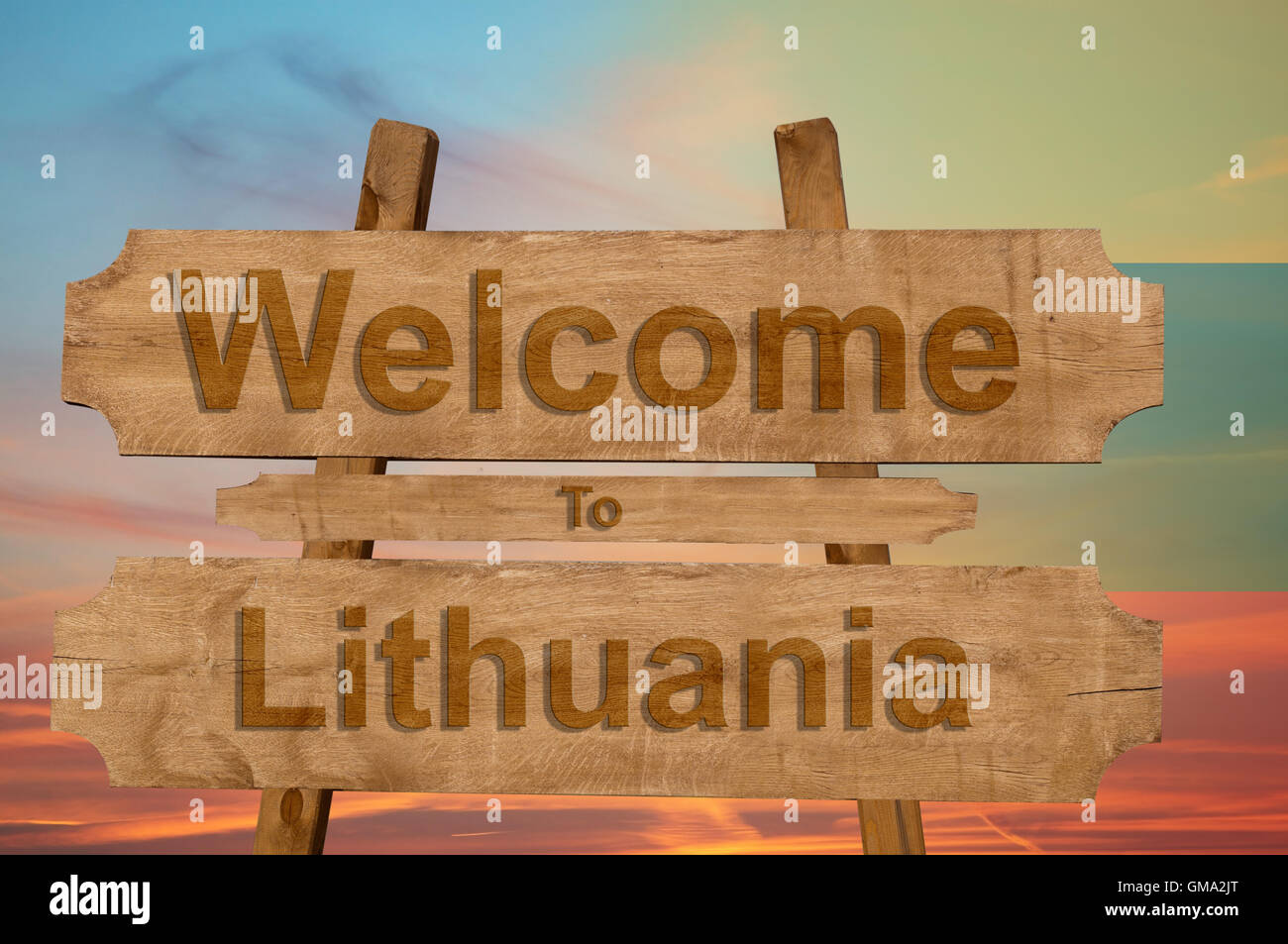 Welcome to Lithuania sign on wood background with blending national ...