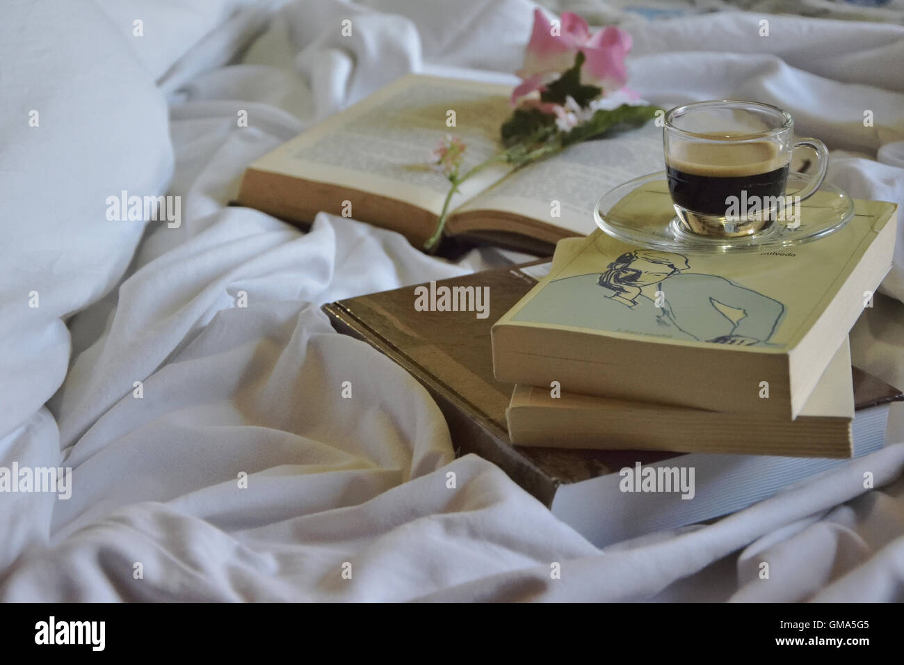 Cup of coffee, books and a rose in the bed. Lazy, cozy bedtime concept ...