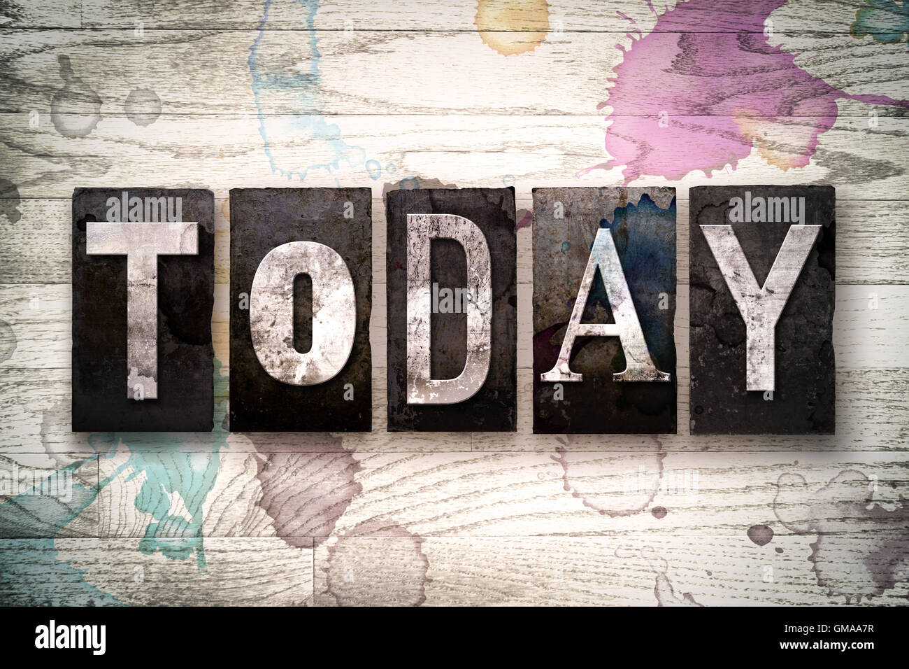 The word "TODAY" written in vintage dirty metal letterpress type on a ...