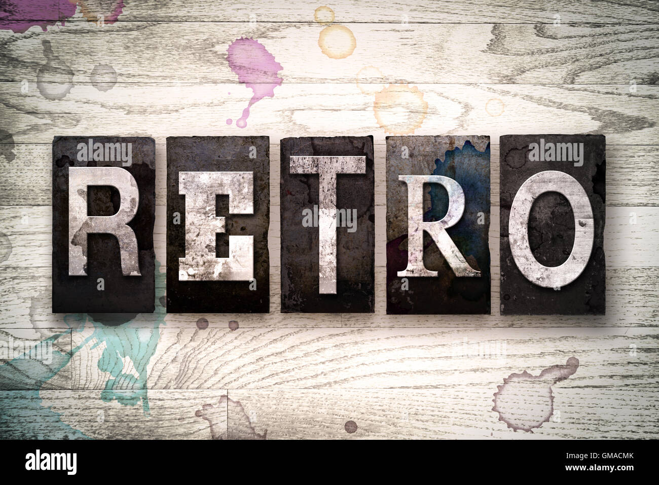 The word "RETRO" written in vintage dirty metal letterpress type on a ...