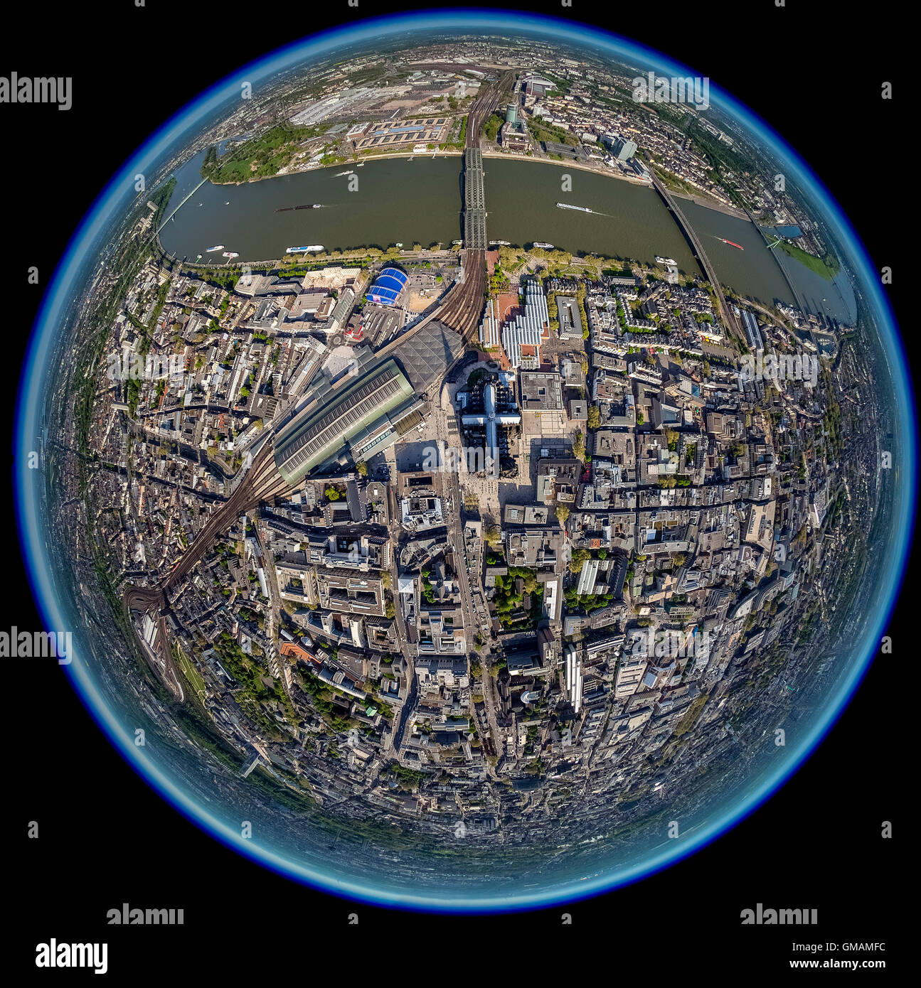 Aerial view, fisheye image of Cologne with Rhine, Messe Köln ...