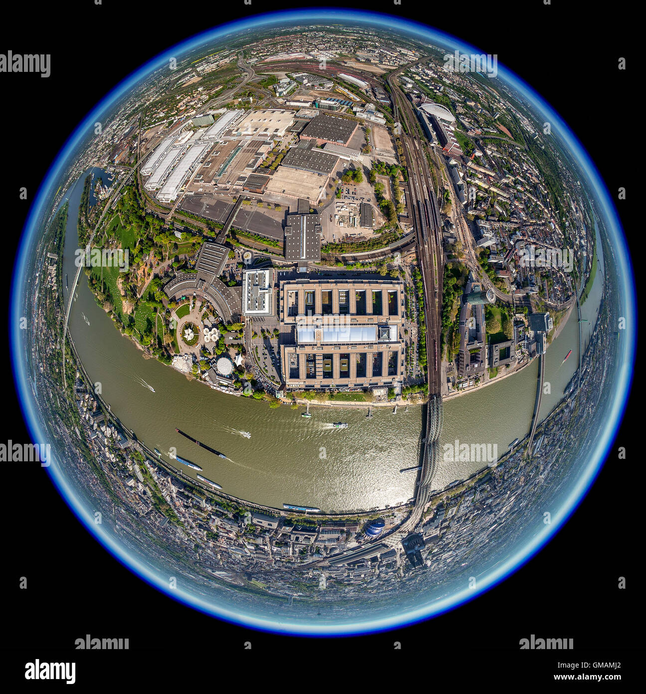 Aerial view, fisheye image of Cologne with Rhine, Messe Köln cologne ...