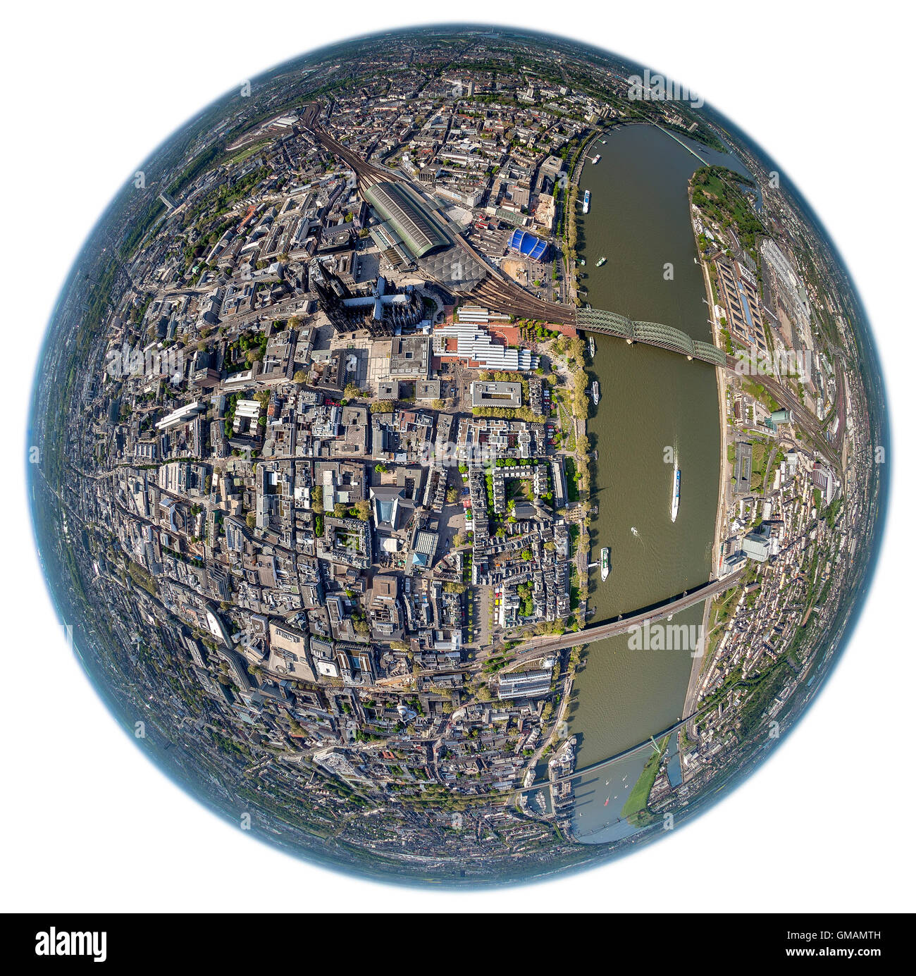 Aerial view, fisheye image of Cologne with Rhine, Messe Köln ...