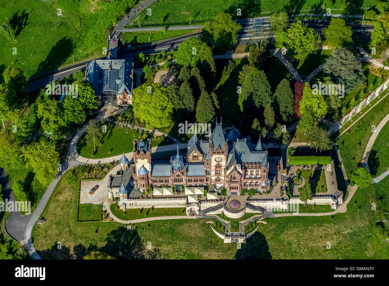 Aerial view, castle Schloss Drachenburg, North Rhine-Westphalia ...