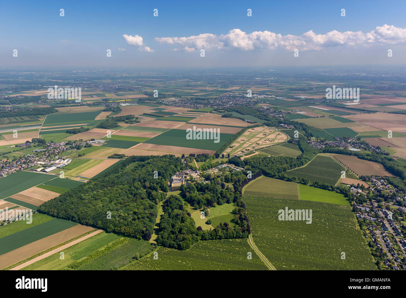 Aerial view, water castle of the city Juchen, Jüchen, Rhineland, two ...