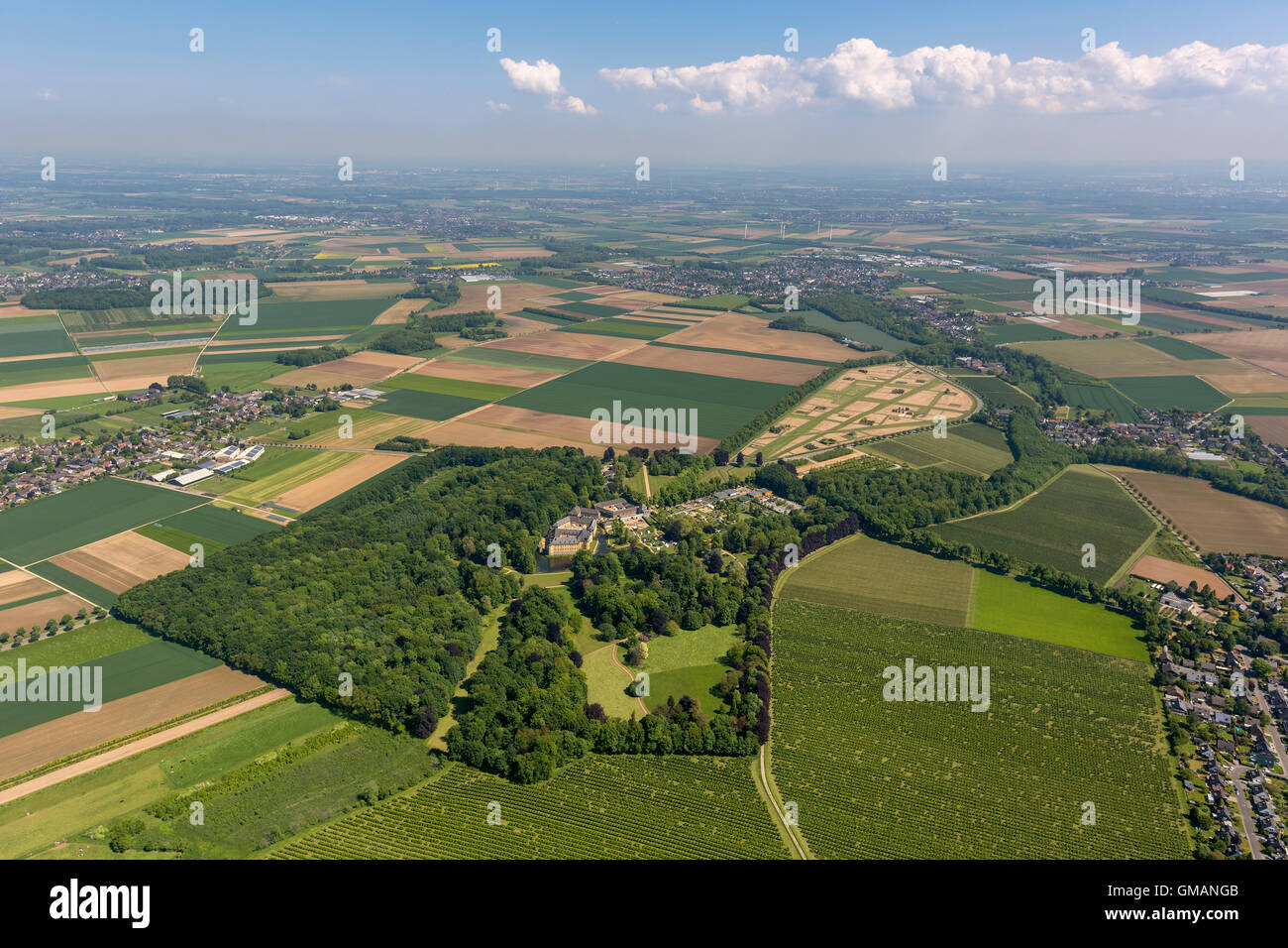 Aerial view, water castle of the city Juchen, Jüchen, Rhineland, two ...