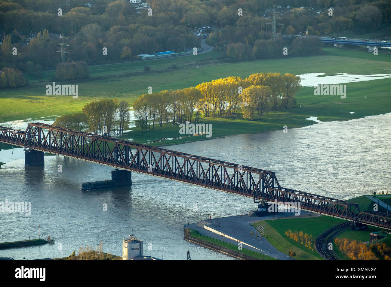 Aerial view, Rhine, Duisburg-Hochfeld Railway Bridge, Rhine floods ...