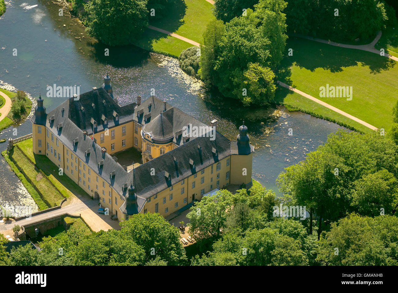 Aerial view, water castle of the city Juchen, Jüchen, Rhineland, two ...
