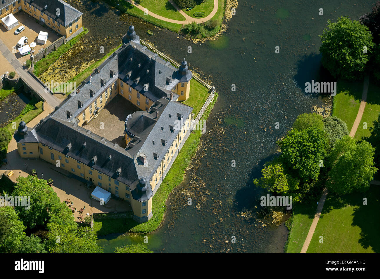 Aerial view, water castle of the city Juchen, Jüchen, Rhineland, two ...