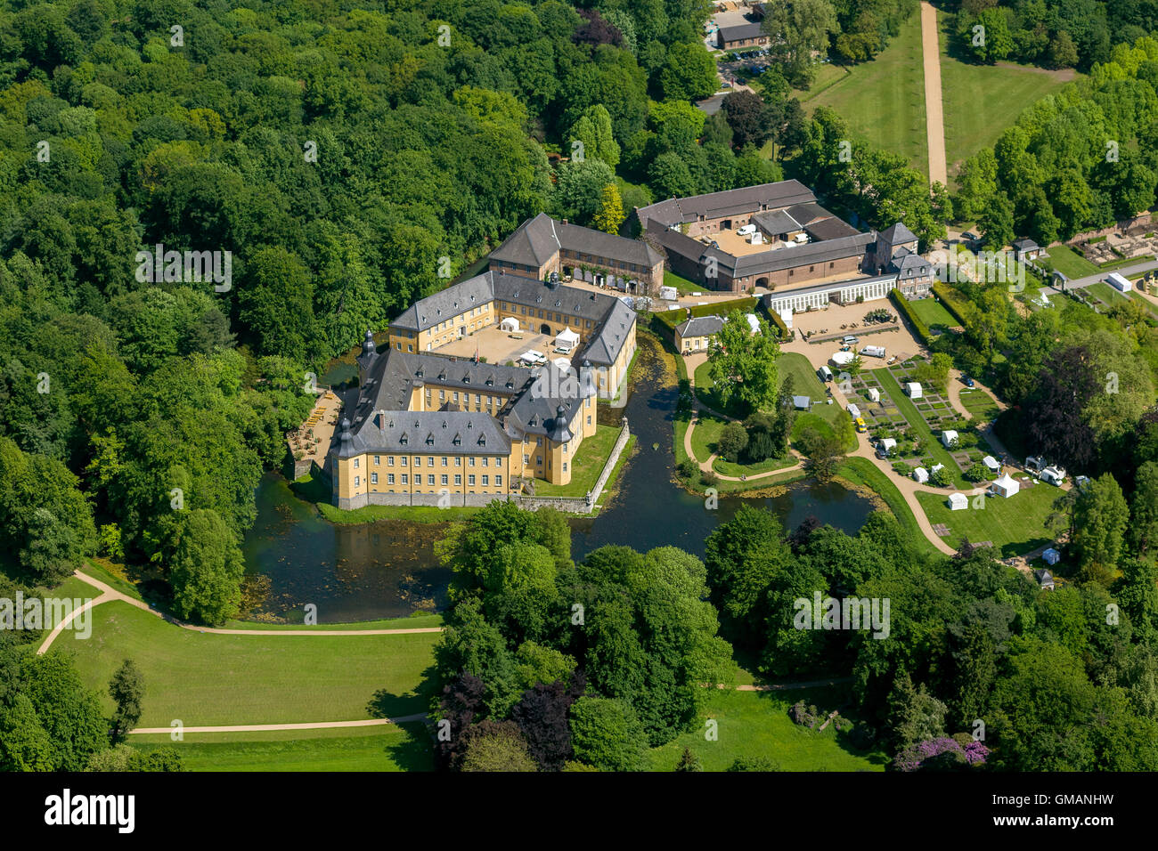 Aerial view, water castle of the city Juchen, Jüchen, Rhineland, two ...