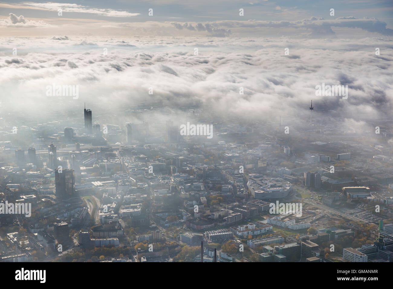 Aerial, autumnal clouds over the center of Essen, Essen Town Hall and ...