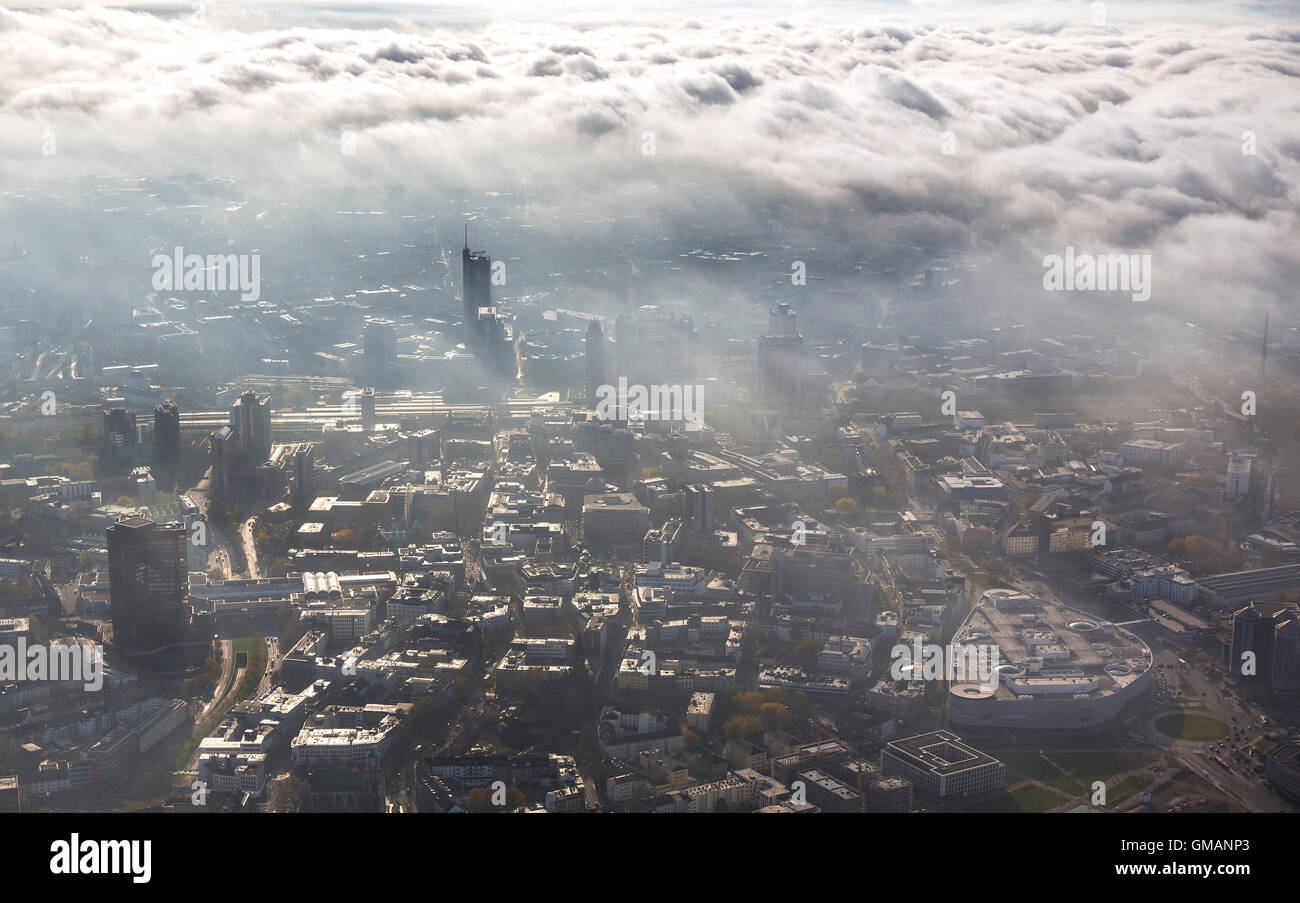 Aerial, autumnal clouds over the center of Essen, Essen Town Hall and ...