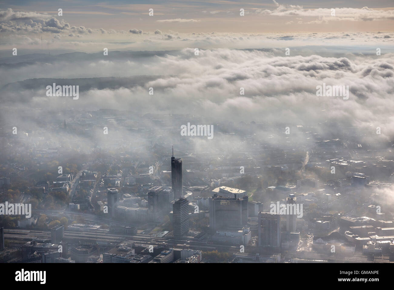 Aerial, autumnal clouds over the center of Essen, Essen Town Hall and ...
