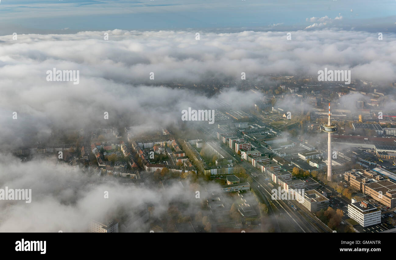 Aerial view, ETEC and TV tower in clouds, autumn clouds above the ...