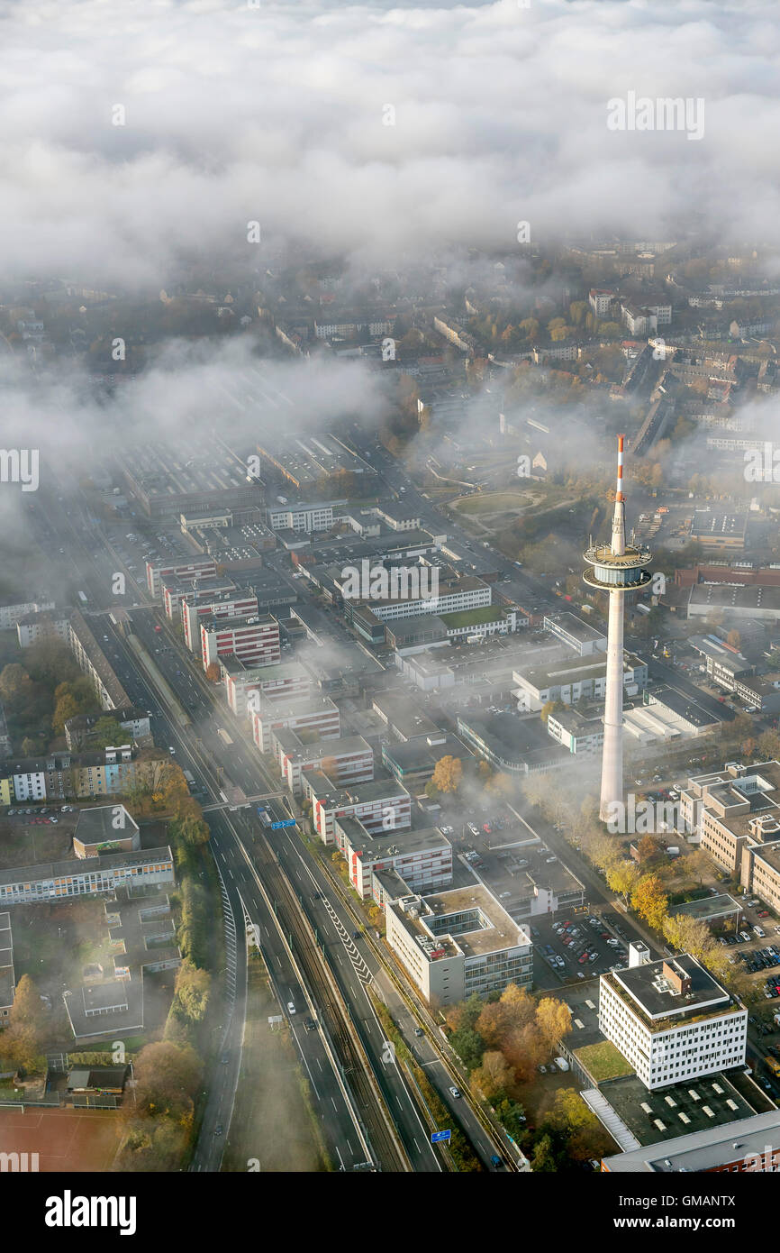 Aerial view, ETEC and TV tower in clouds, autumn clouds above the ...