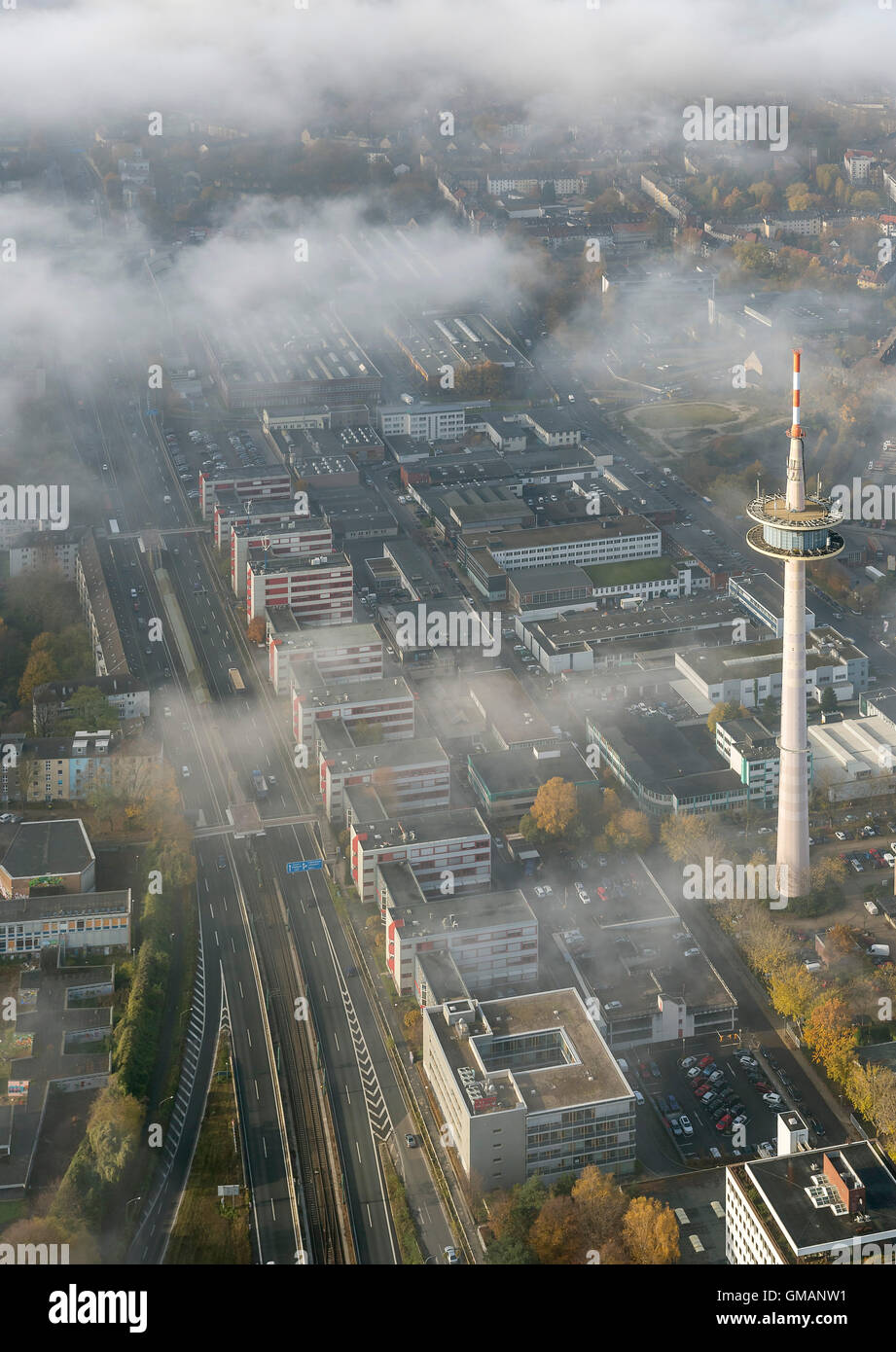 Aerial view, ETEC and TV tower in clouds, autumn clouds above the ...