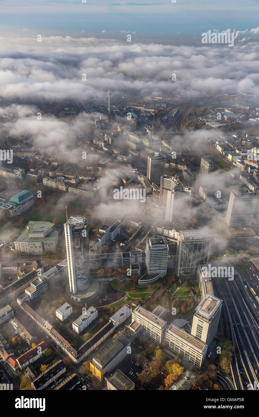 Aerial view, autumn clouds above the center of Essen, Town Hall and ...