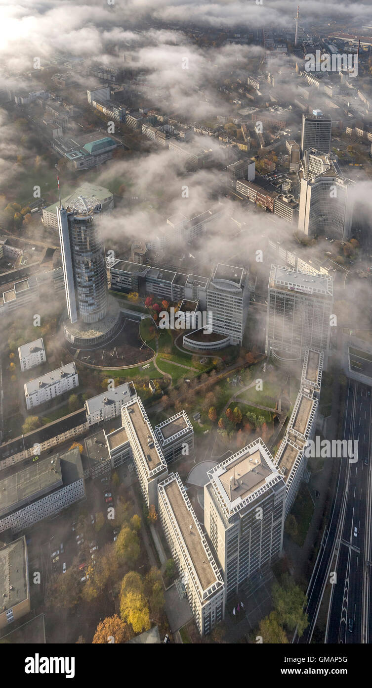 Aerial view, autumn clouds above the center of Essen, Town Hall and ...