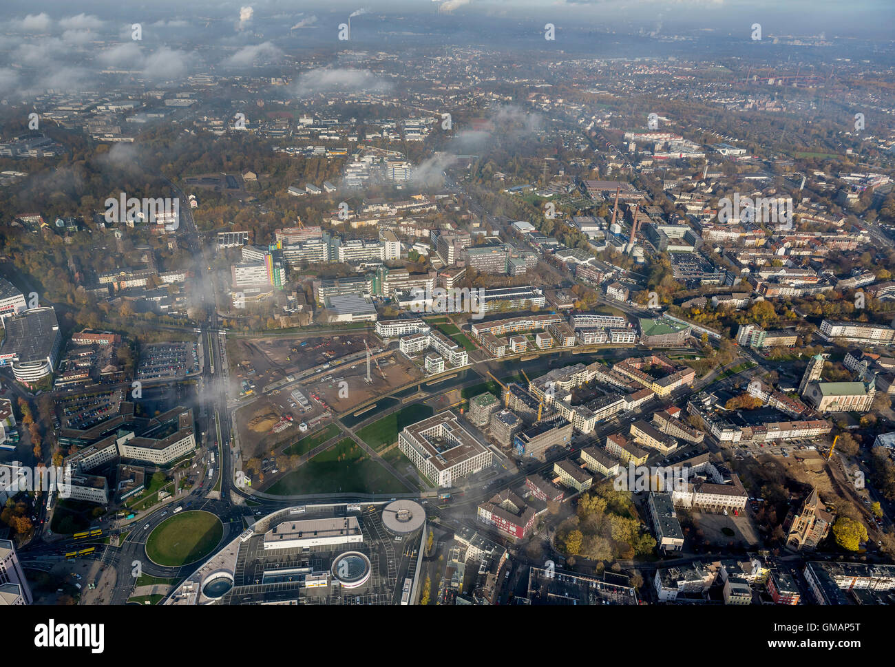 Aerial view, Berliner Platz, autumnal clouds over the center of Essen ...