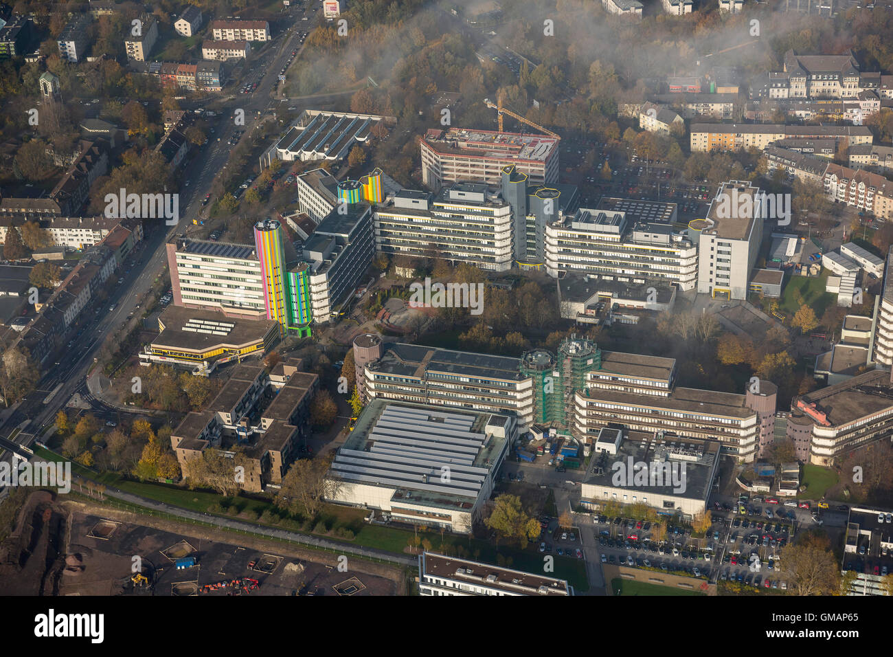 Aerial view, University of Essen, autumnal clouds over the center of ...